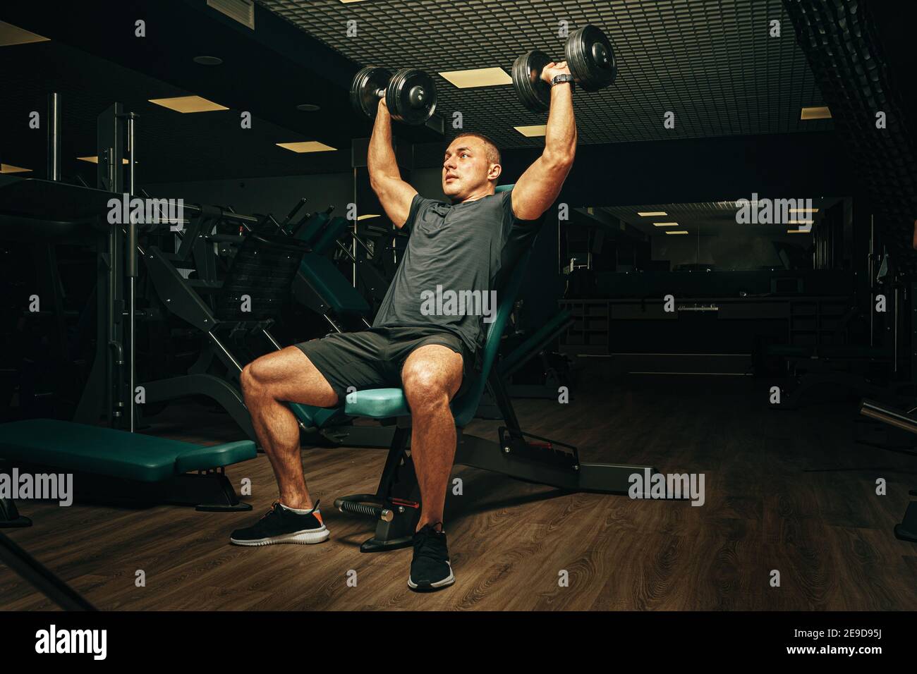 Bodybuilder doing exercises with dumbbells in a dark gym Stock Photo ...