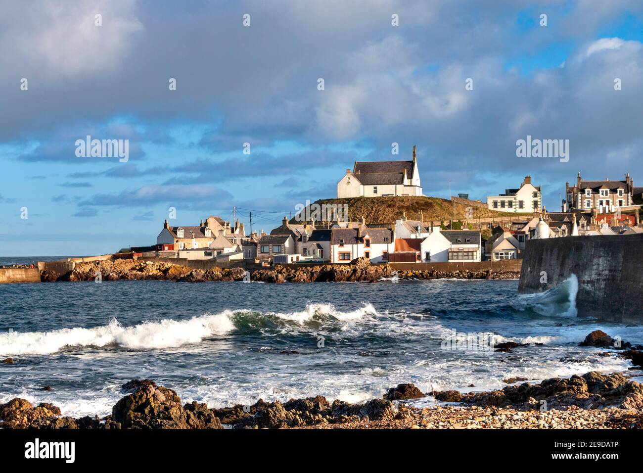 FINDOCHTY MORAY COAST SCOTLAND PEBBLE BEACH CRASHING WAVES AND A WHITE ...