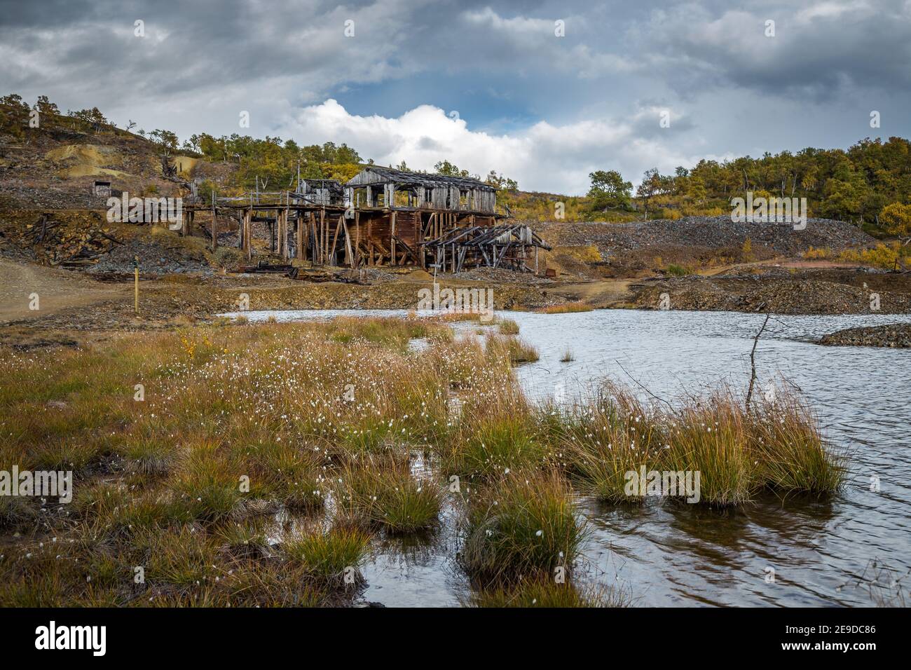 Wooden ruined building of old copper mine Christianus Sextus Gruve near ...