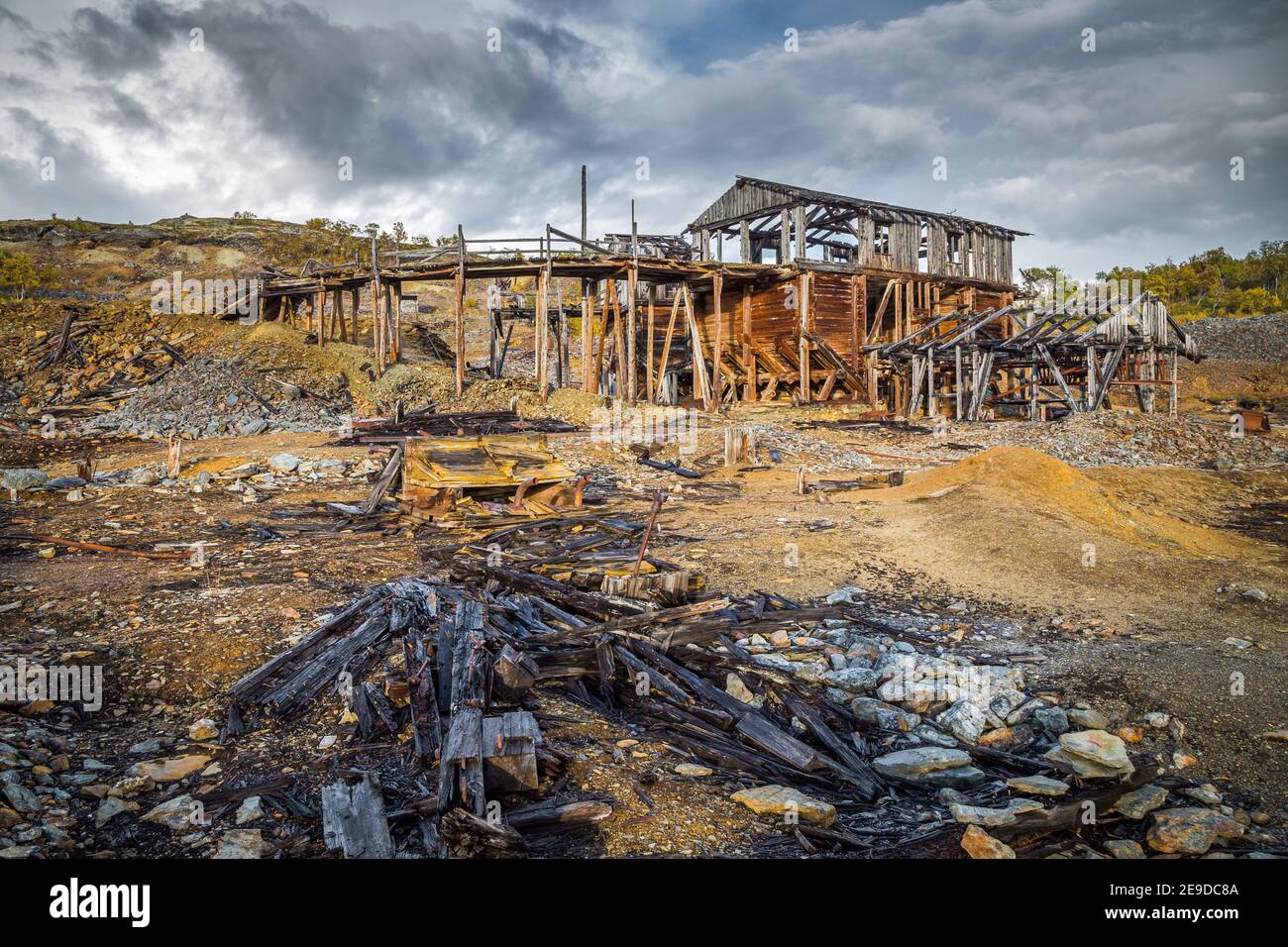 Wooden ruined building of old copper mine Christianus Sextus Gruve near ...