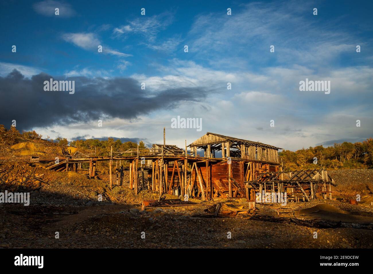 Wooden ruined building of old copper mine Christianus Sextus Gruve near ...