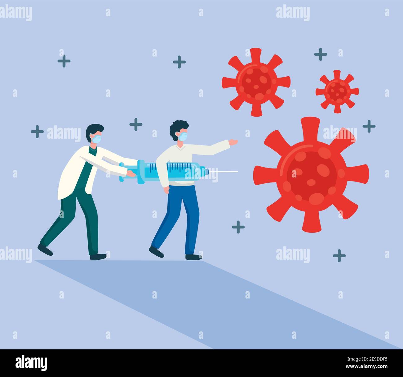 doctors wearing medical masks lifting syringe and particles characters ...