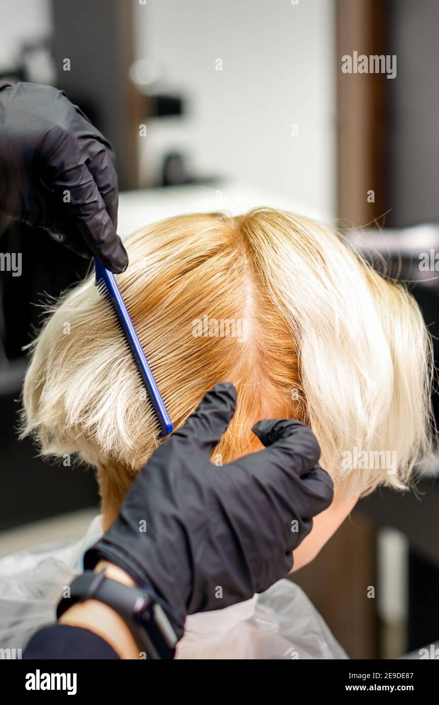 Hairdresser combing female short blonde hair before dyeing in a hair ...