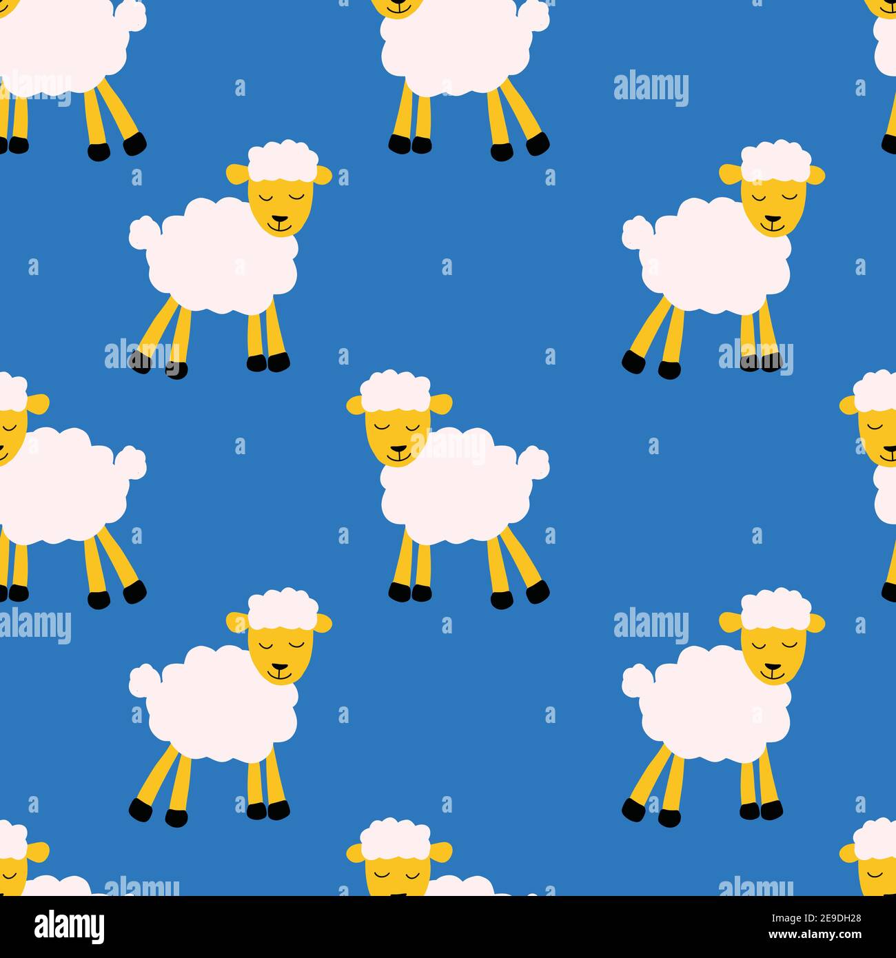 Seamless vector pattern with sheep on blue background. Kid background ...