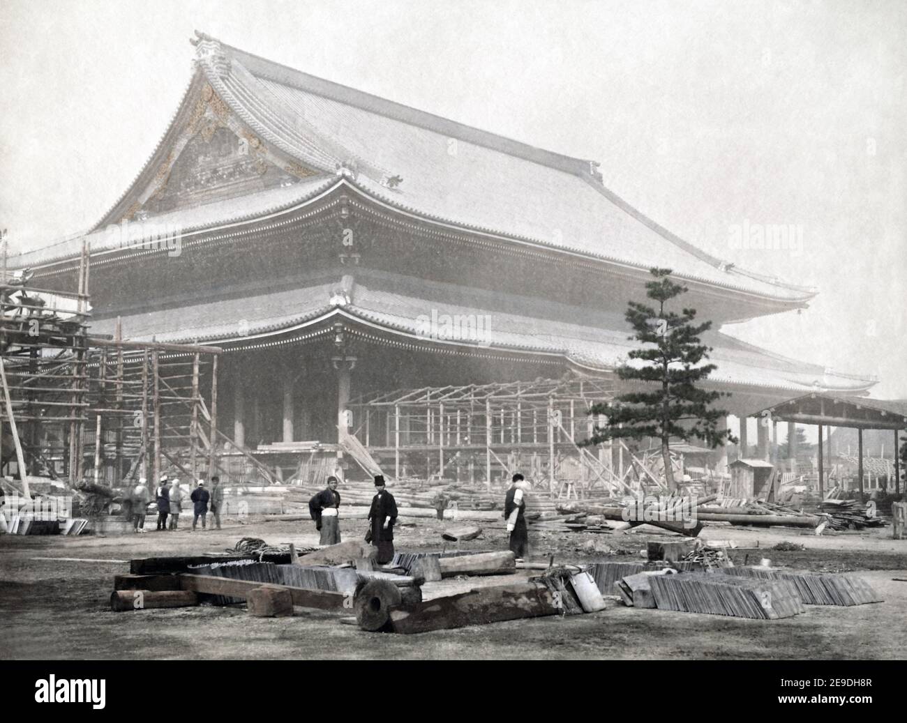 Late 19th century photograph - Construction, building work on a temple ...