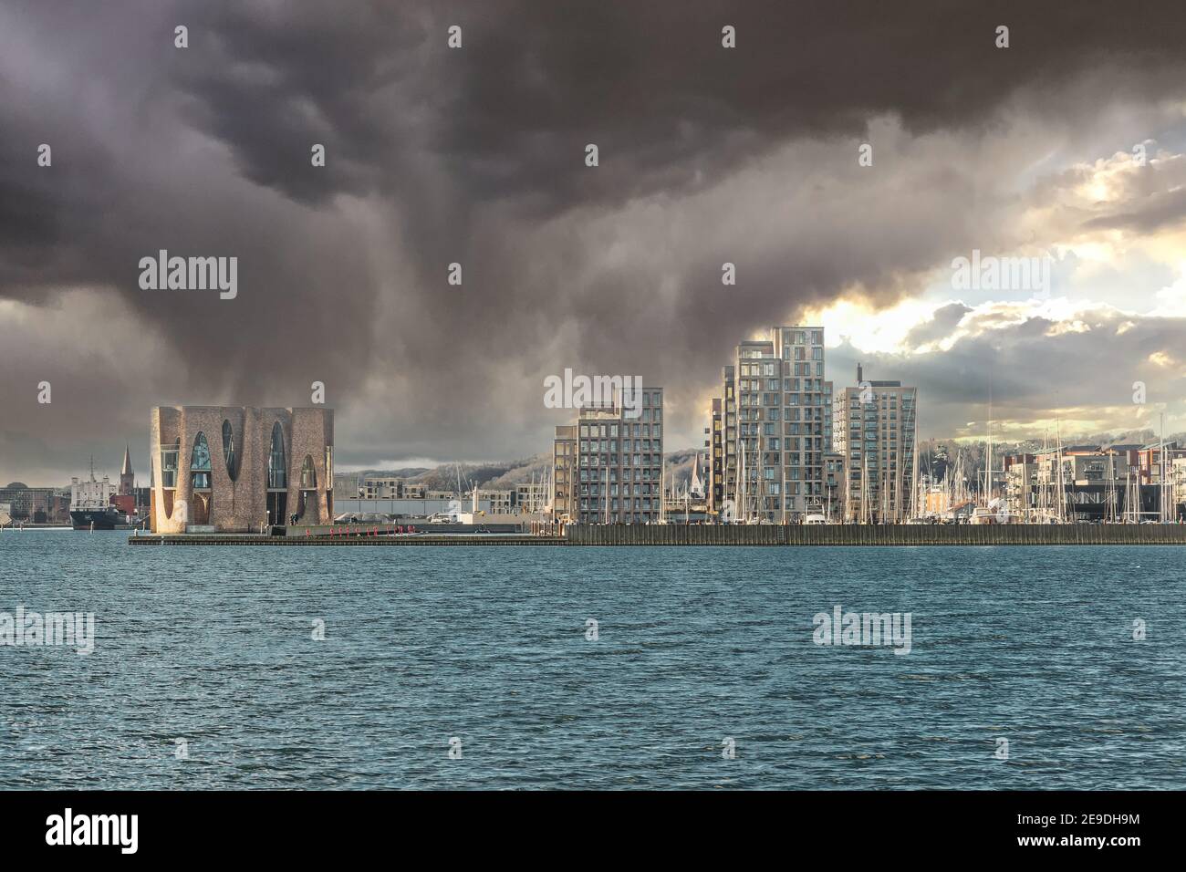 Vejle harbor front seen from the Fjord with the Wave and Fjordenhus ...