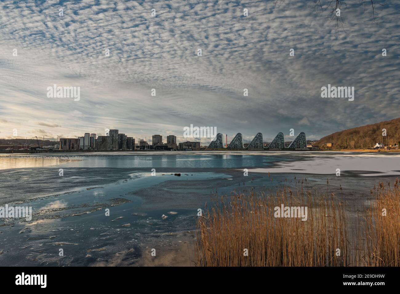 Vejle harbor front seen from the Fjord with the Wave and Fjordenhus ...
