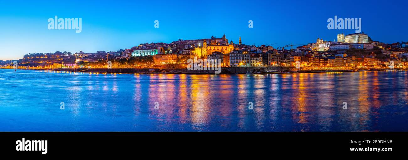 Sunset view of Douro riverside at Ribeira quay at Porto, Portugal Stock ...