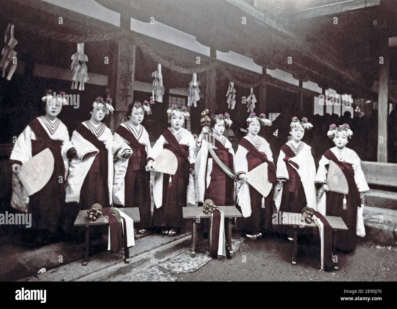 Late 19th century photograph - Group of miko, temple maidens ...