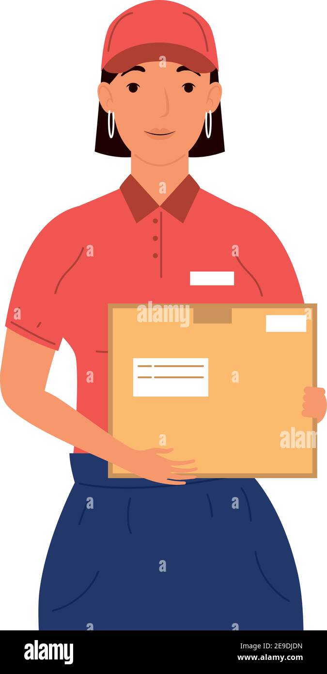 delivery service female worker lifting box carton vector illustration ...