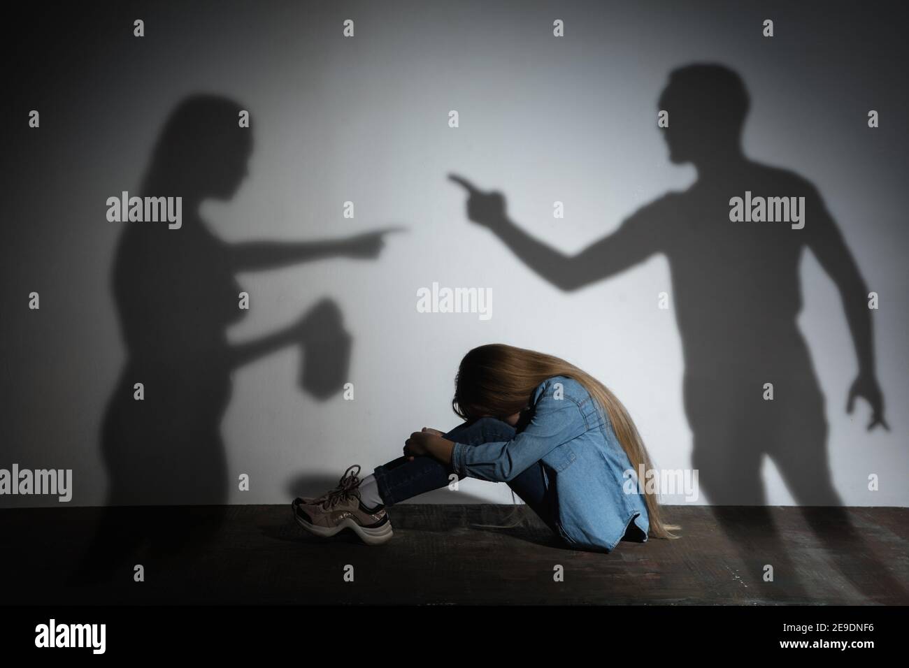 Domestic physical violence, abusing. Scared little caucasian girl ...