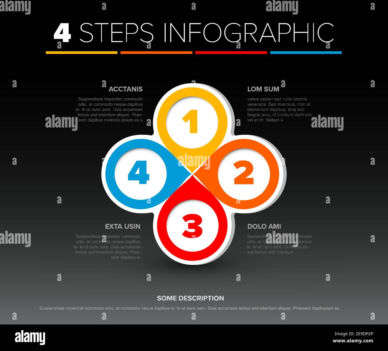 Vector dark progress steps template with descriptions, icons and ...