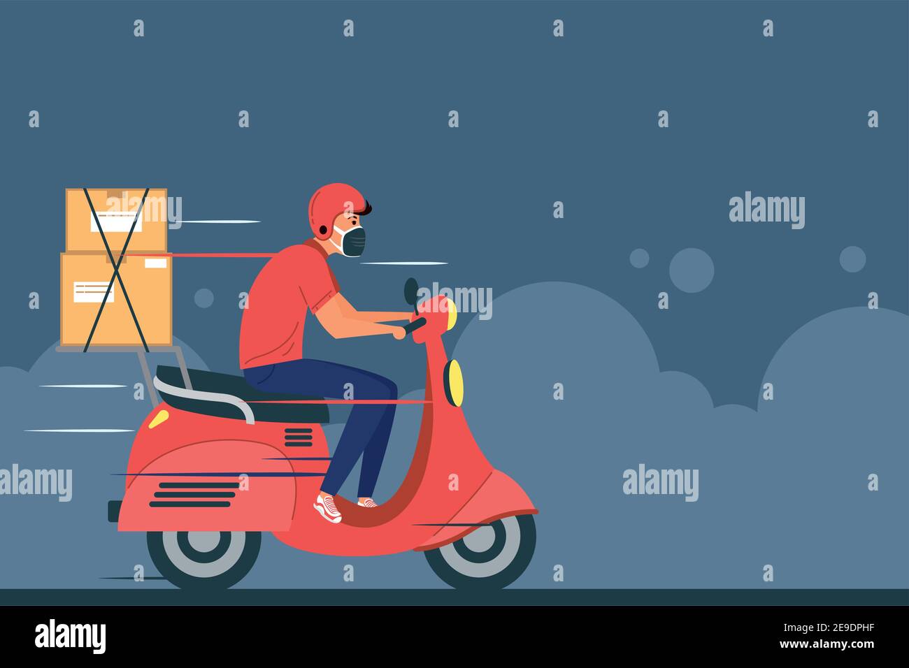 delivery worker wearing medical mask in motorcycle vector illustration ...