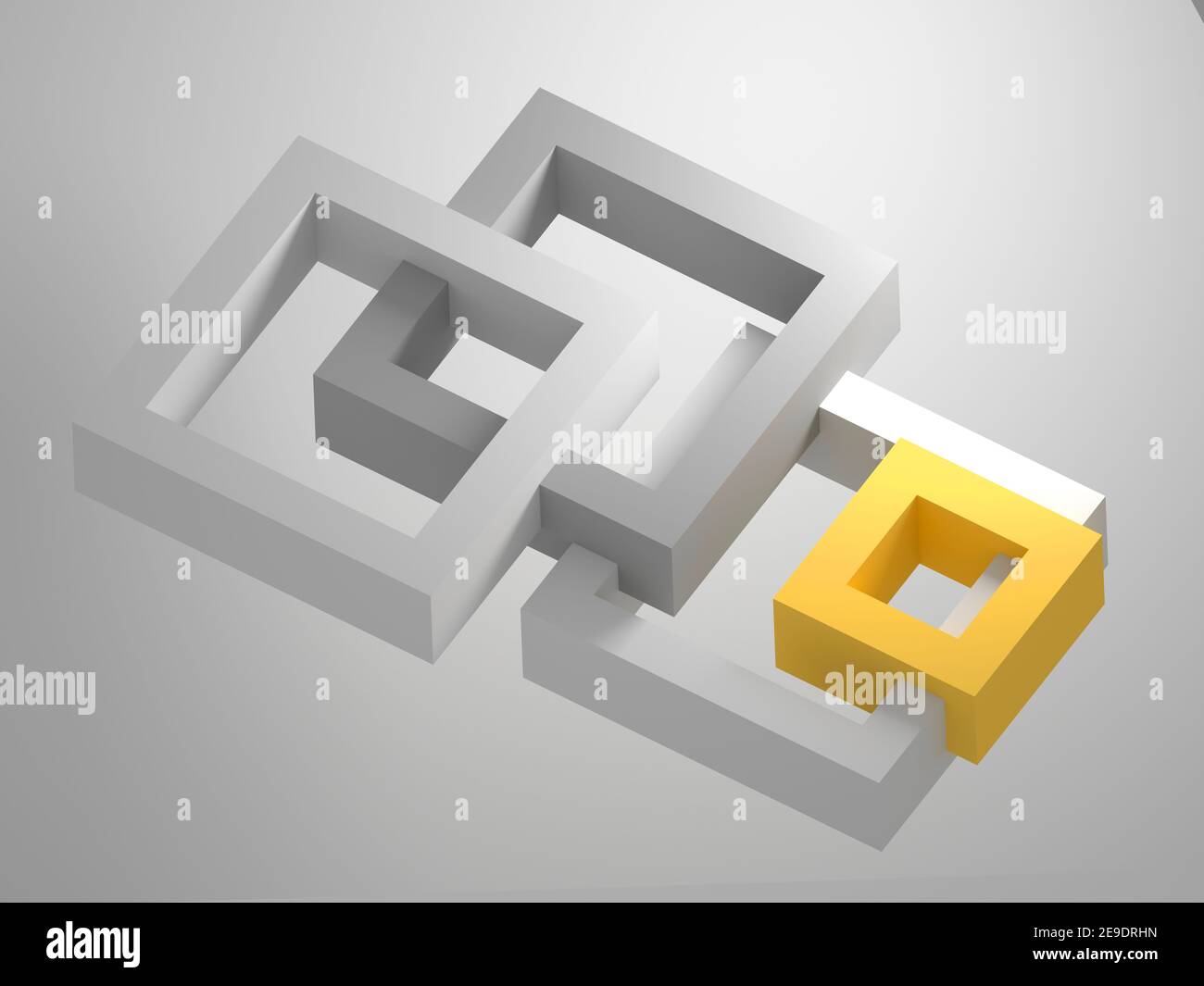 Abstract geometric installation of connected gray and yellow square ...