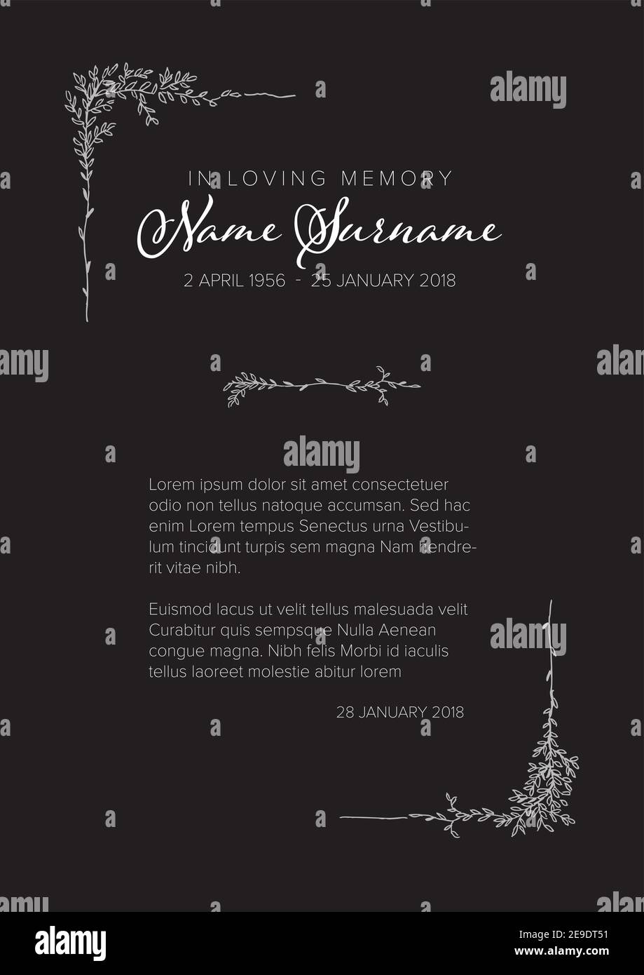 Funeral condolence death notice card template with handdrawn floral ...