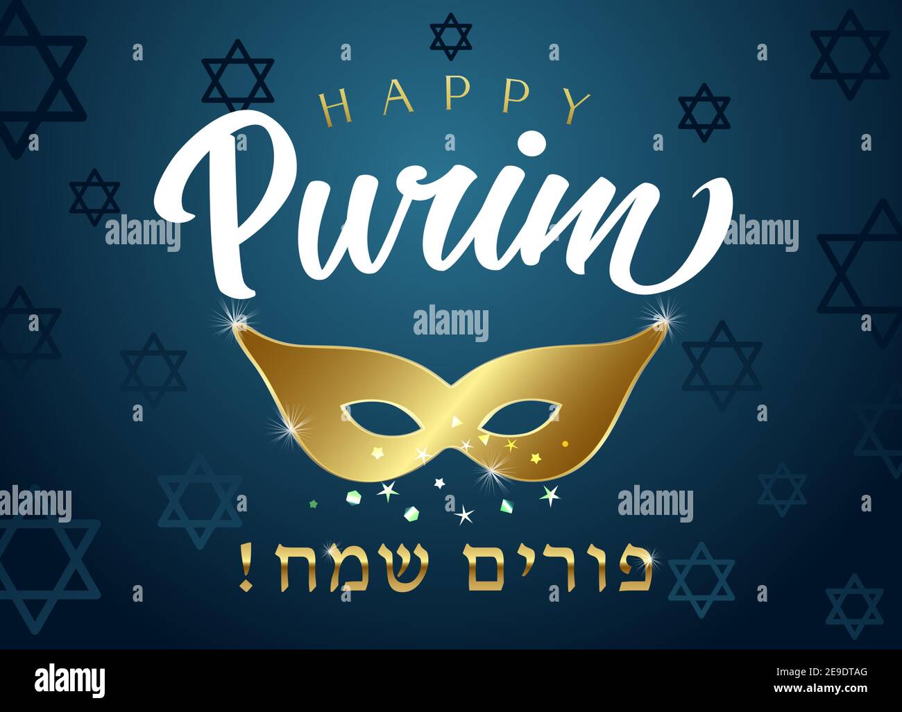 Happy Purim Hebrew text, golden carnival mask and David stars on blue ...