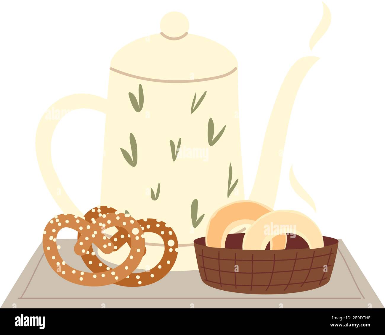 teapot with pretzels and donuts in tray vector illustration Stock ...