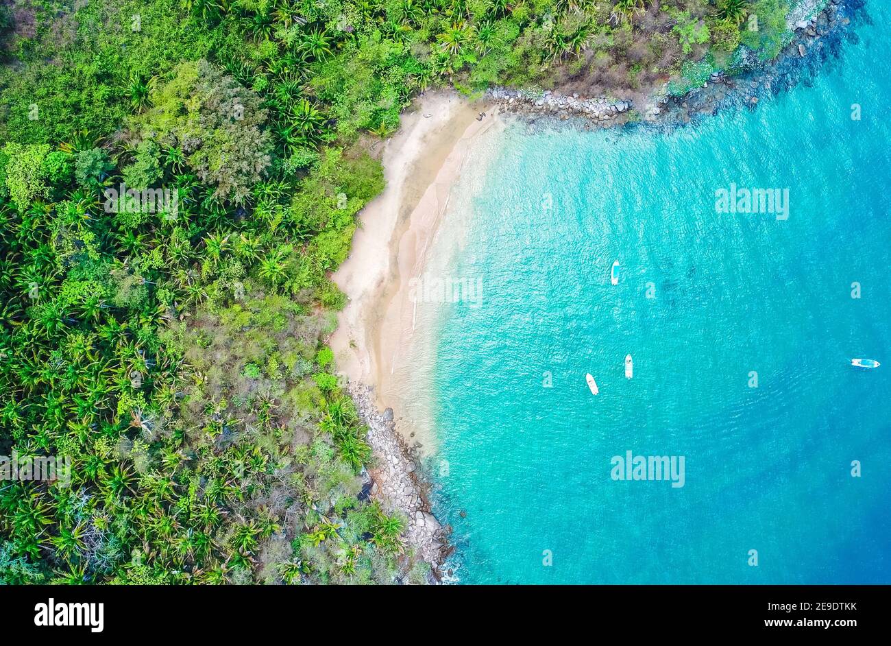 Aerial view of abay with turquoise water surrounded by trees Stock ...
