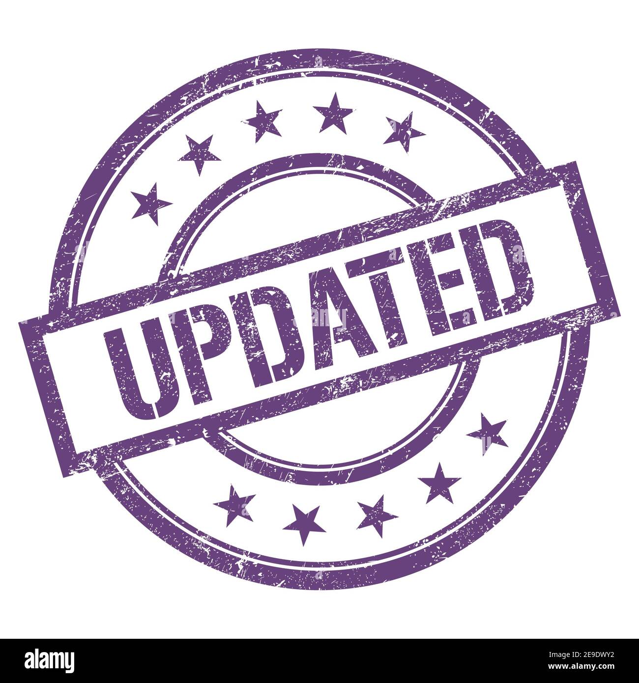UPDATED text written on purple violet round vintage rubber stamp Stock ...