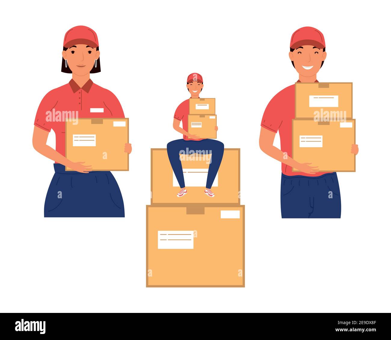 group of delivery workers with boxes characters vector illustration ...
