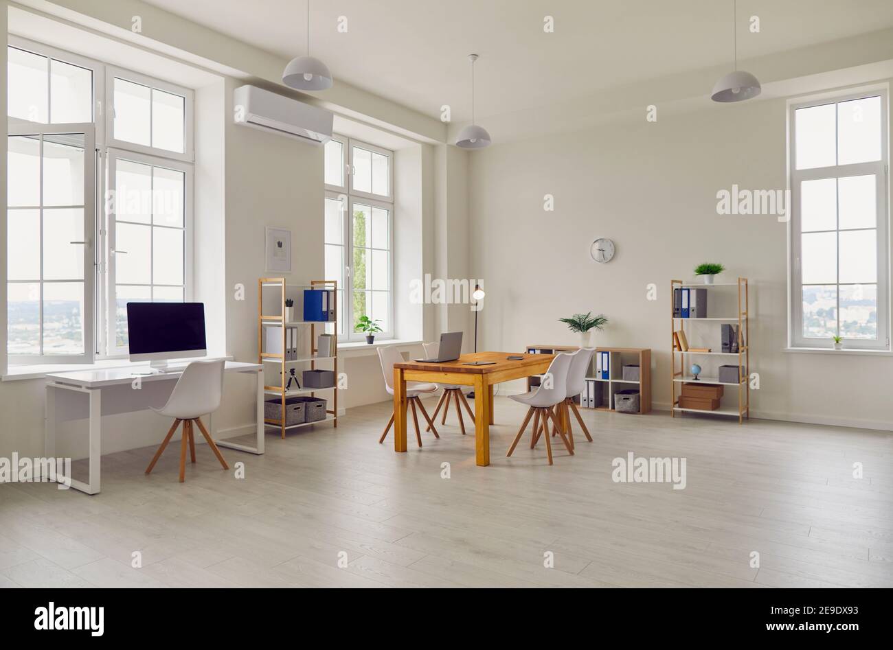 Spacious meeting room of modern office building with high ceiling ...