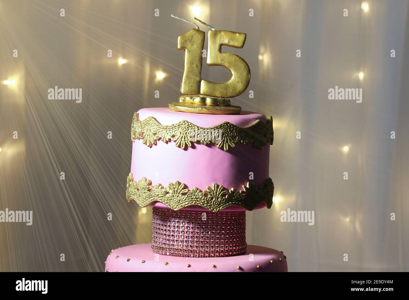 Pink party cake, 15th birthday, with golden number fifteen, pink cake ...