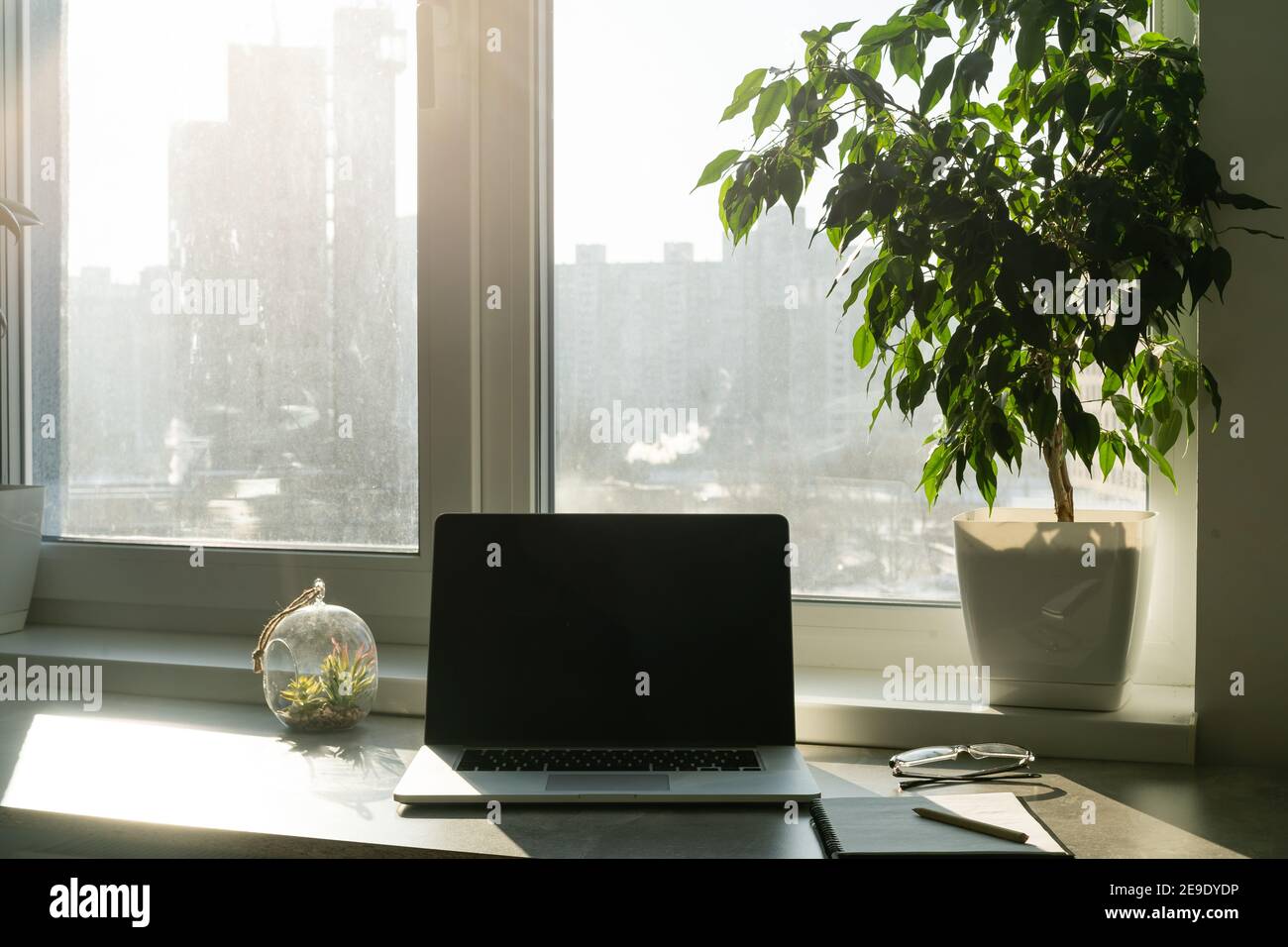 Still life view of office room with open laptop computer on desk with ...
