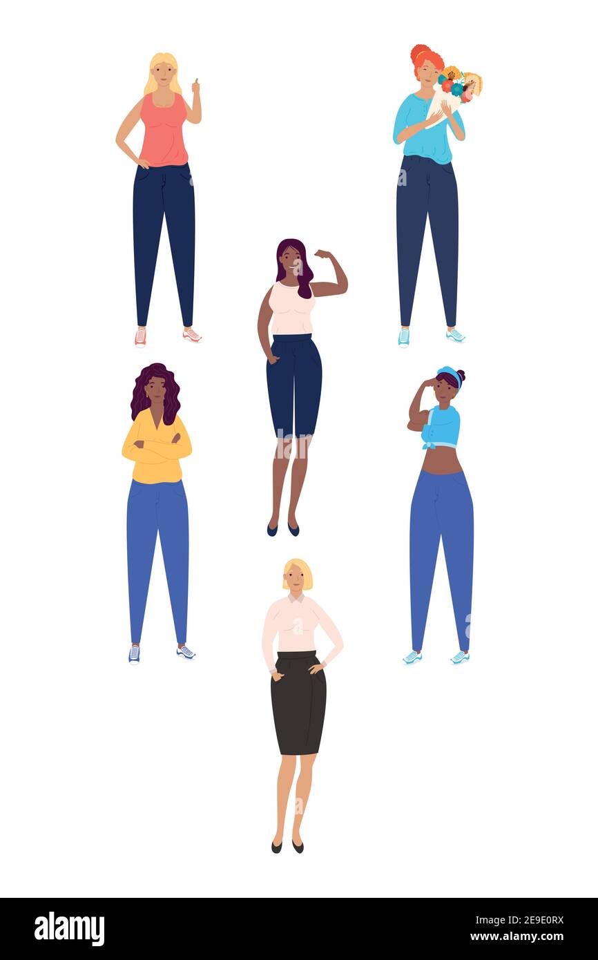 group of diversity girls standing characters vector illustration design ...
