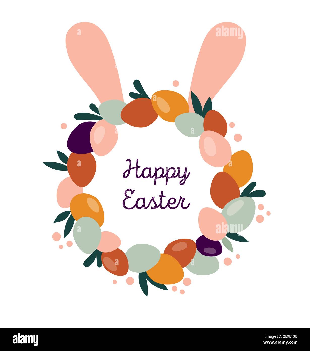 Boho Easter concept design, wreath with bunny ears, eggs and flowers in ...