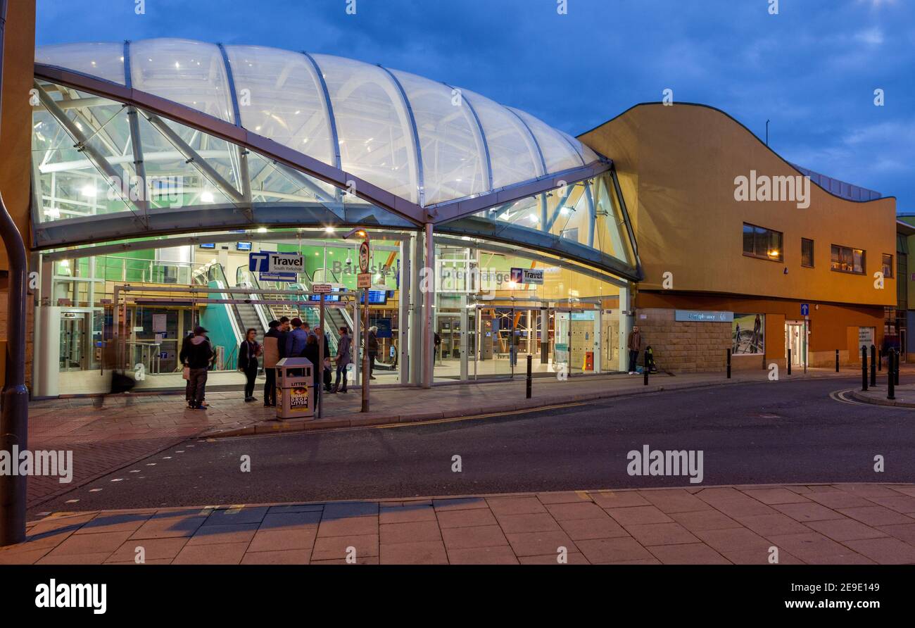 Evening view of the entrance to Barnsley Interchange public transport ...