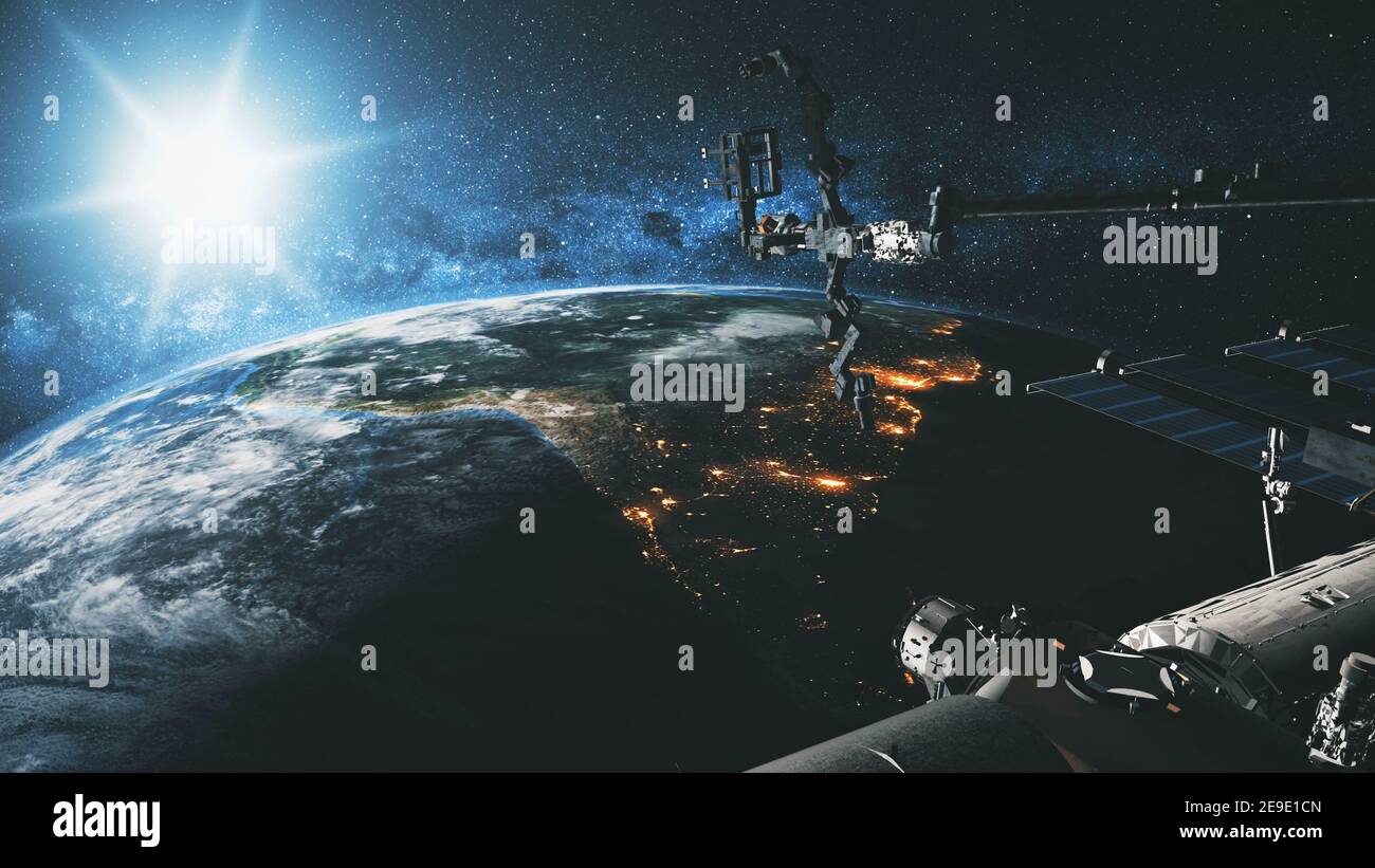 International Space Station Earth satellite with bright sun at cosmos ...