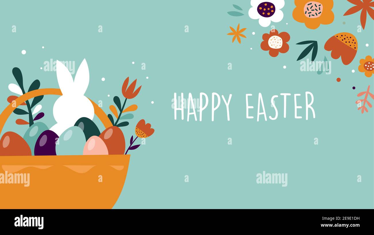 Boho Easter concept design, bunnies, eggs, flowers and rainbows in ...