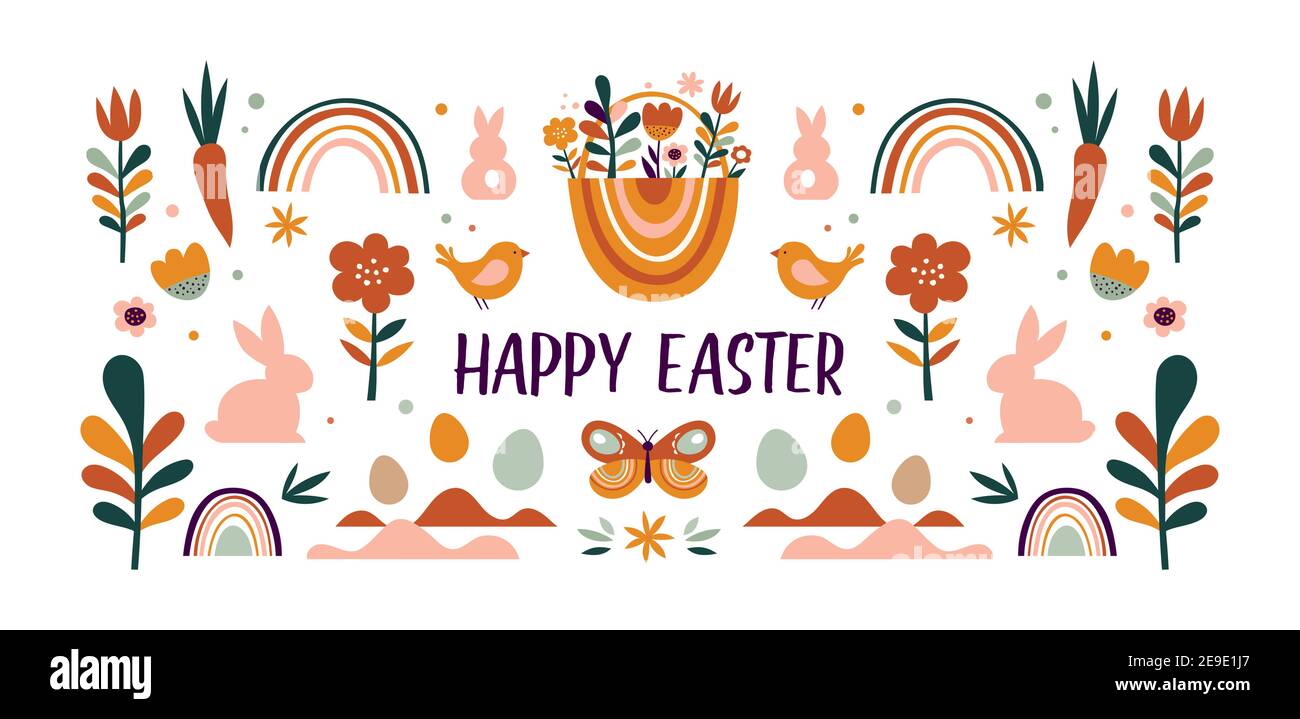 Boho Easter concept design, bunnies, eggs, flowers and rainbows in ...