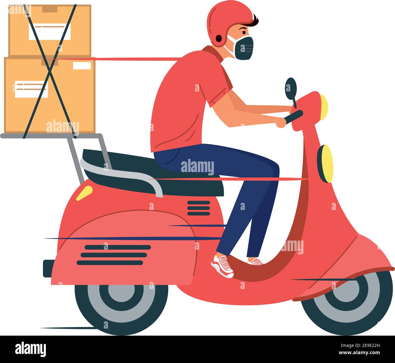 delivery service worker wearing medical mask in motorcycle vector ...