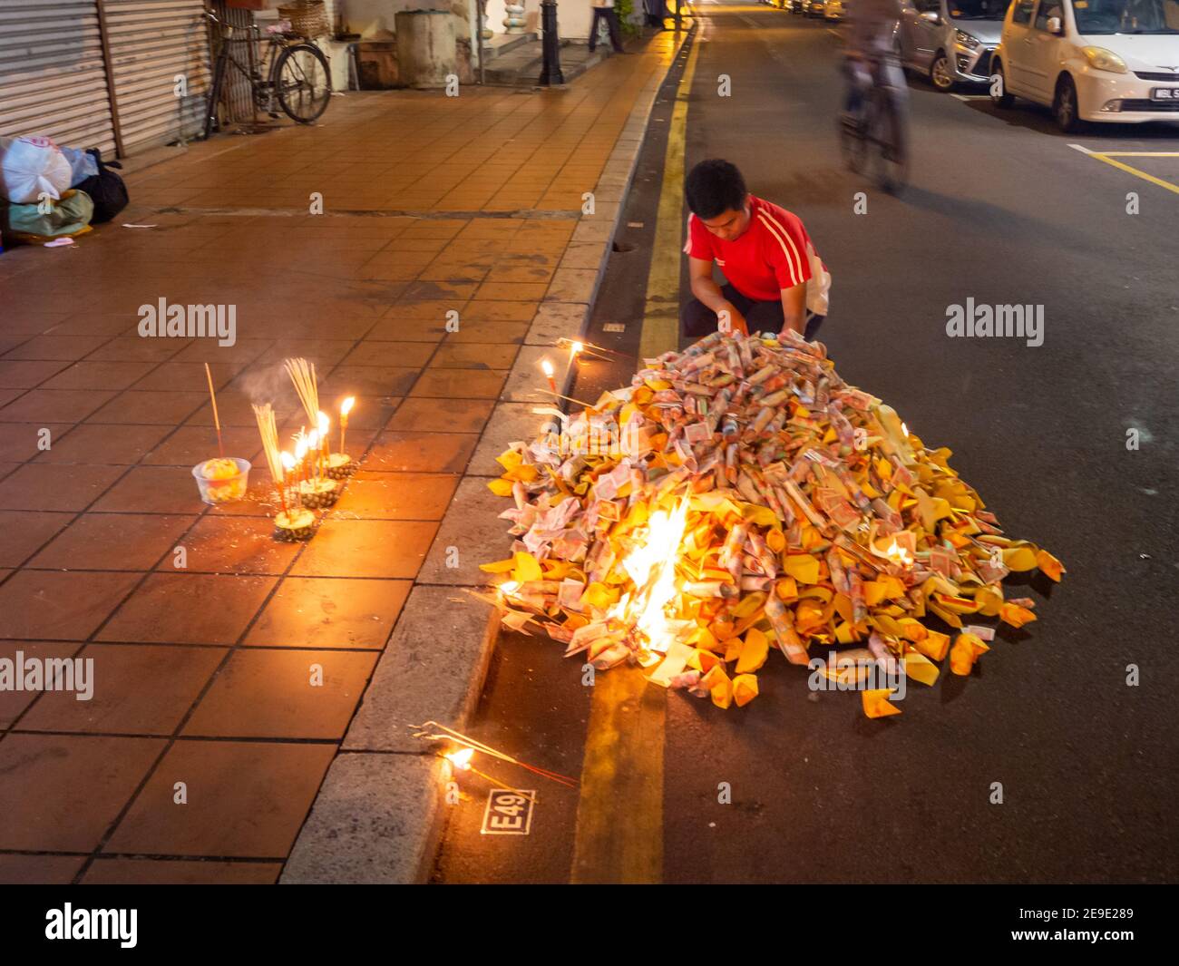 Asian Hungry Ghost day, paper money burning at bone fire, Buddhist and ...