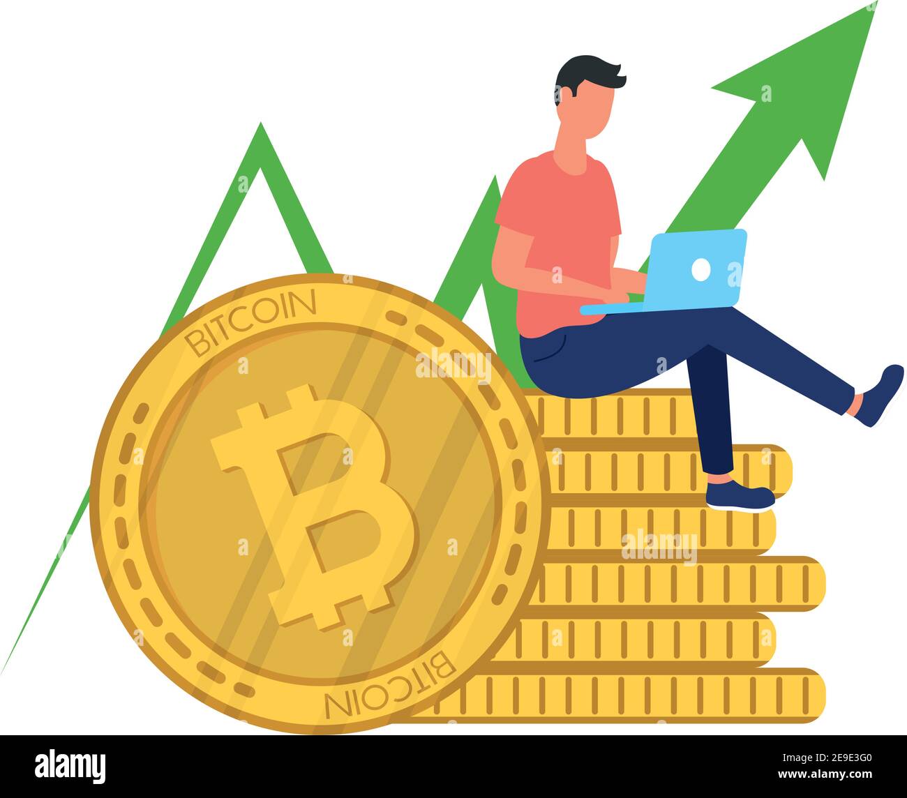 man seated using laptop in bitcoins crypto currency with arrow up ...