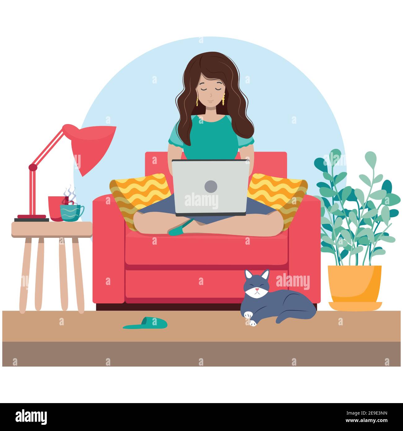 Cute young woman sitting on chair with laptop computer in cozy room ...