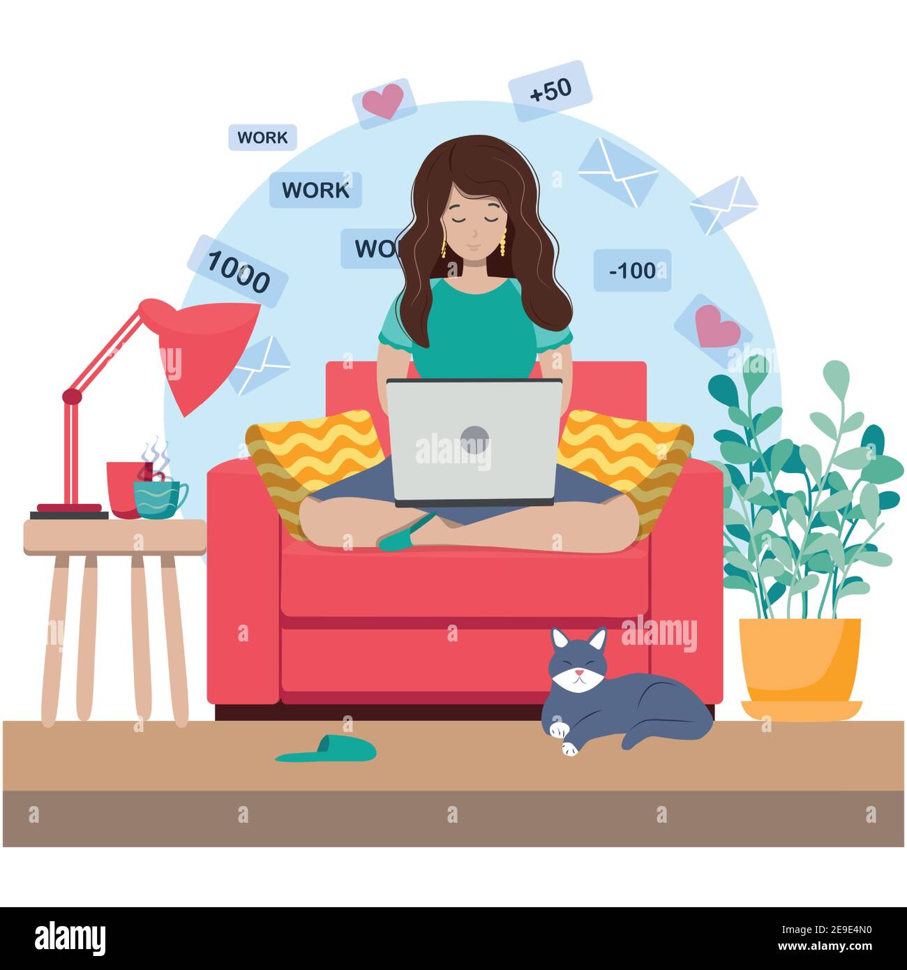 Cute young woman sitting on chair with laptop computer in cozy room ...