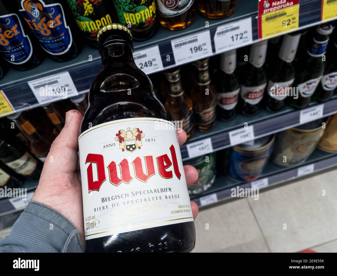 BELGRADE, SERBIA - JANUARY 21, 2021: Duvel beer label on a bottle for ...