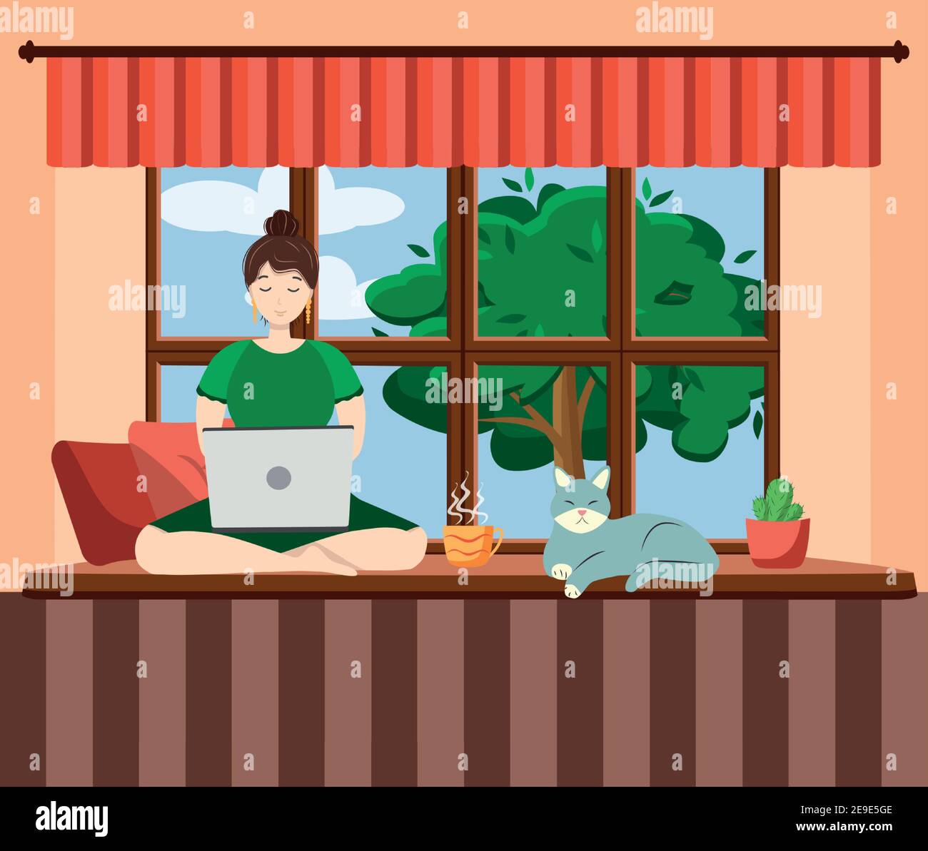 A young woman works or studies from home, sitting on the windowsill, in ...