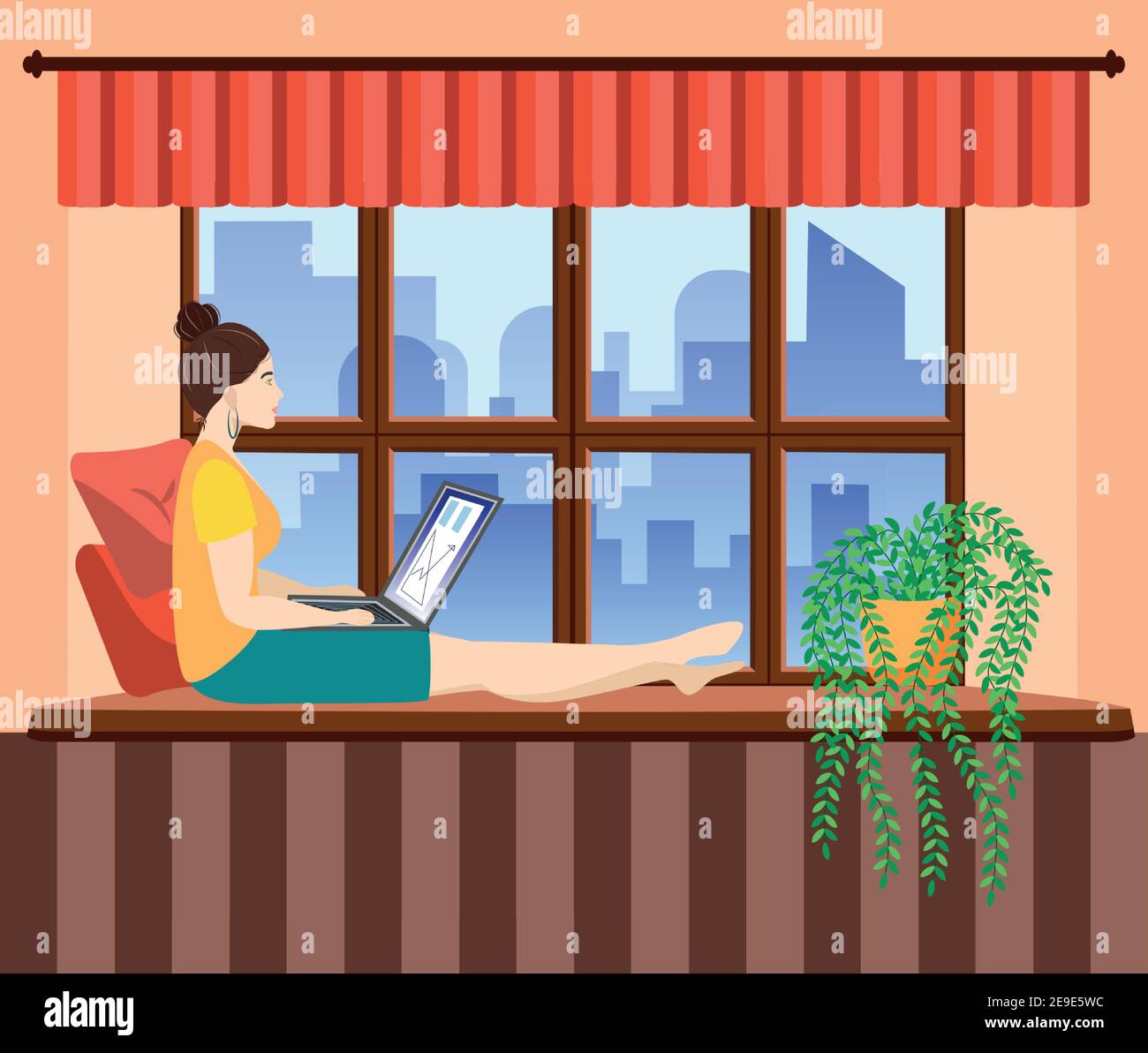 A young woman works or studies from home, sitting on the windowsill, in ...