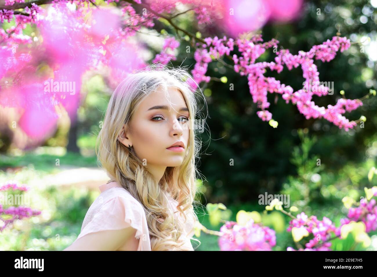 Spring bloom concept. Beautiful female face with perfect skin. Girl on ...