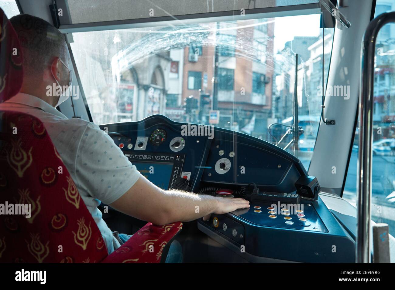 Cabin of modern tramm. Tramm driver driving on tramm through city ...