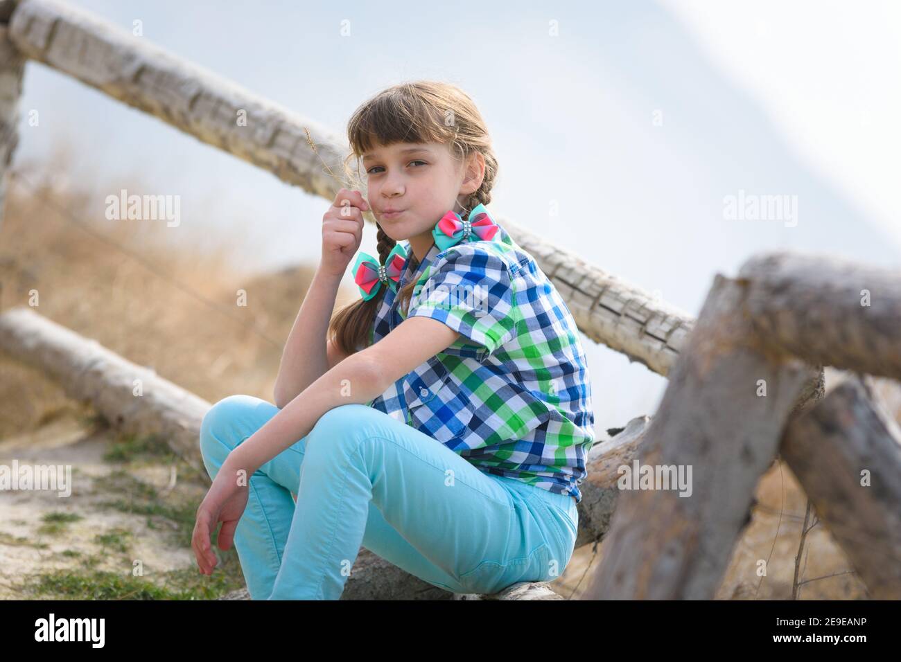 A girl sits on a fence made of a wooden blockhouse and, with a blade of ...