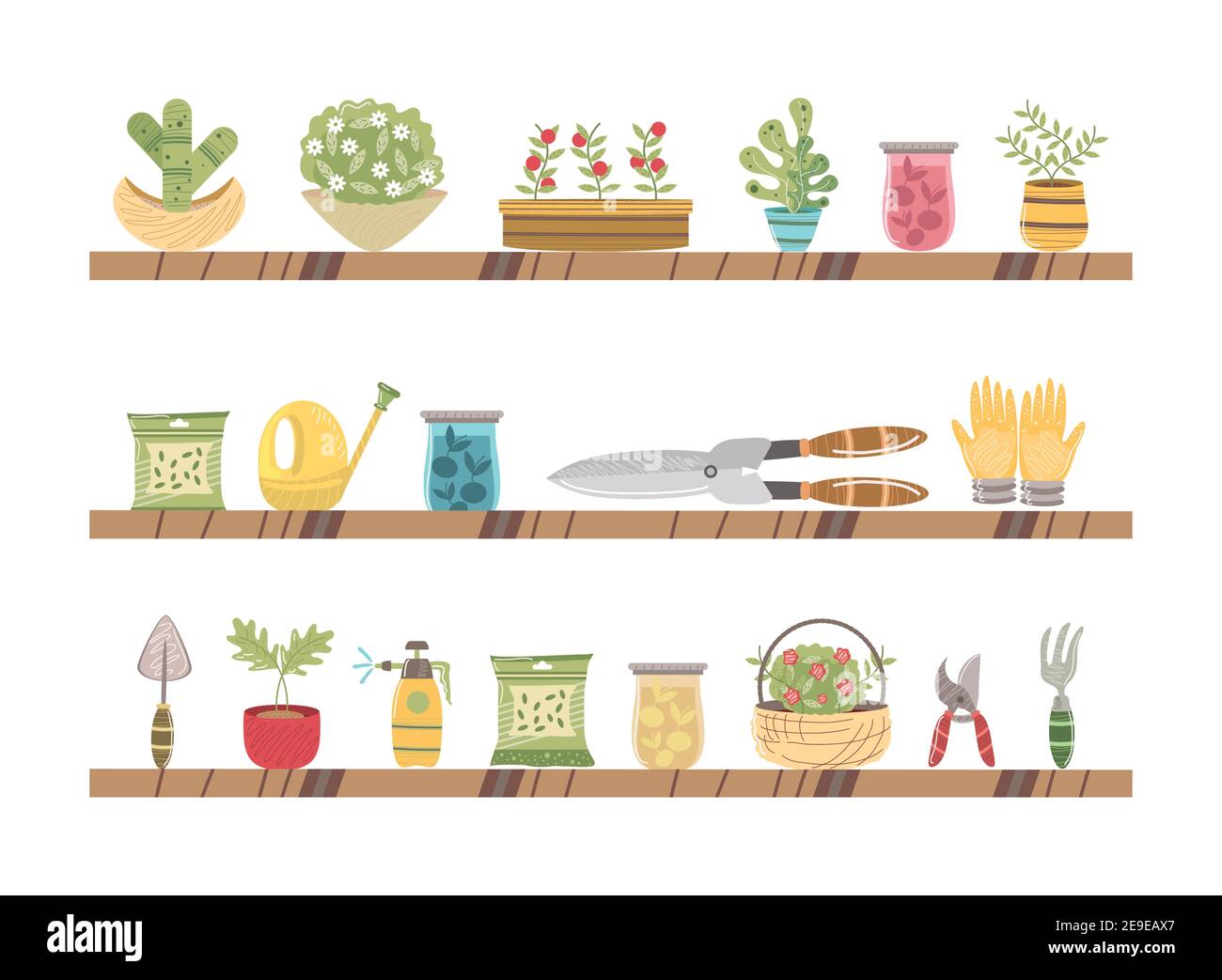 shelves with gardening tools plant flowers vector illustration Stock ...