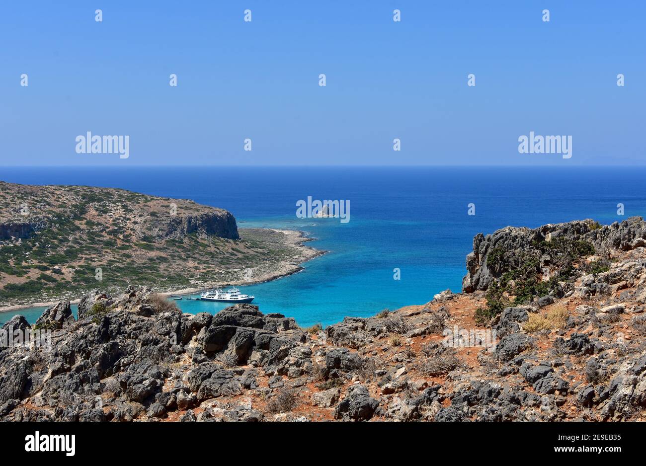 View of the beautiful azure lagoon of Balos on the Greek island of ...