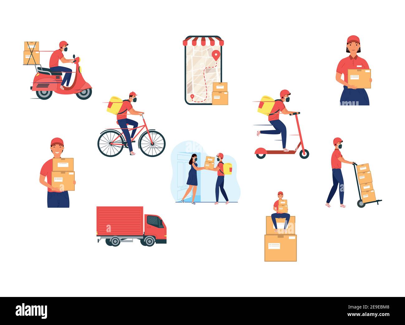group of eight delivery workers team characters vector illustration ...