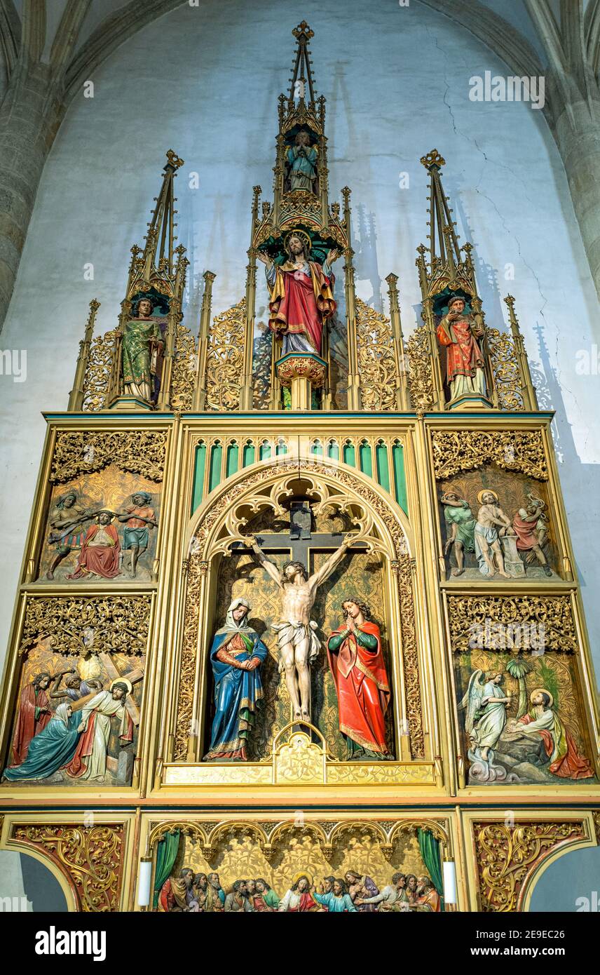 Bratislava, Slovakia - July 8, 2019: A Gothic style golden altarpiece in the St. Martin ...