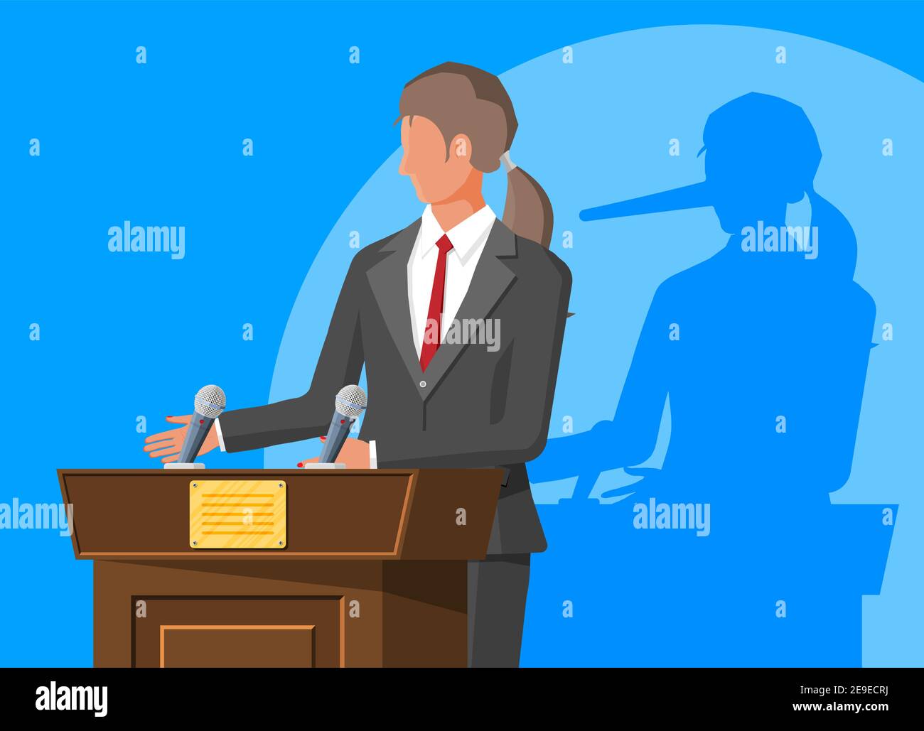Businesswoman with long nose shadow on wall. Orator speaking from ...