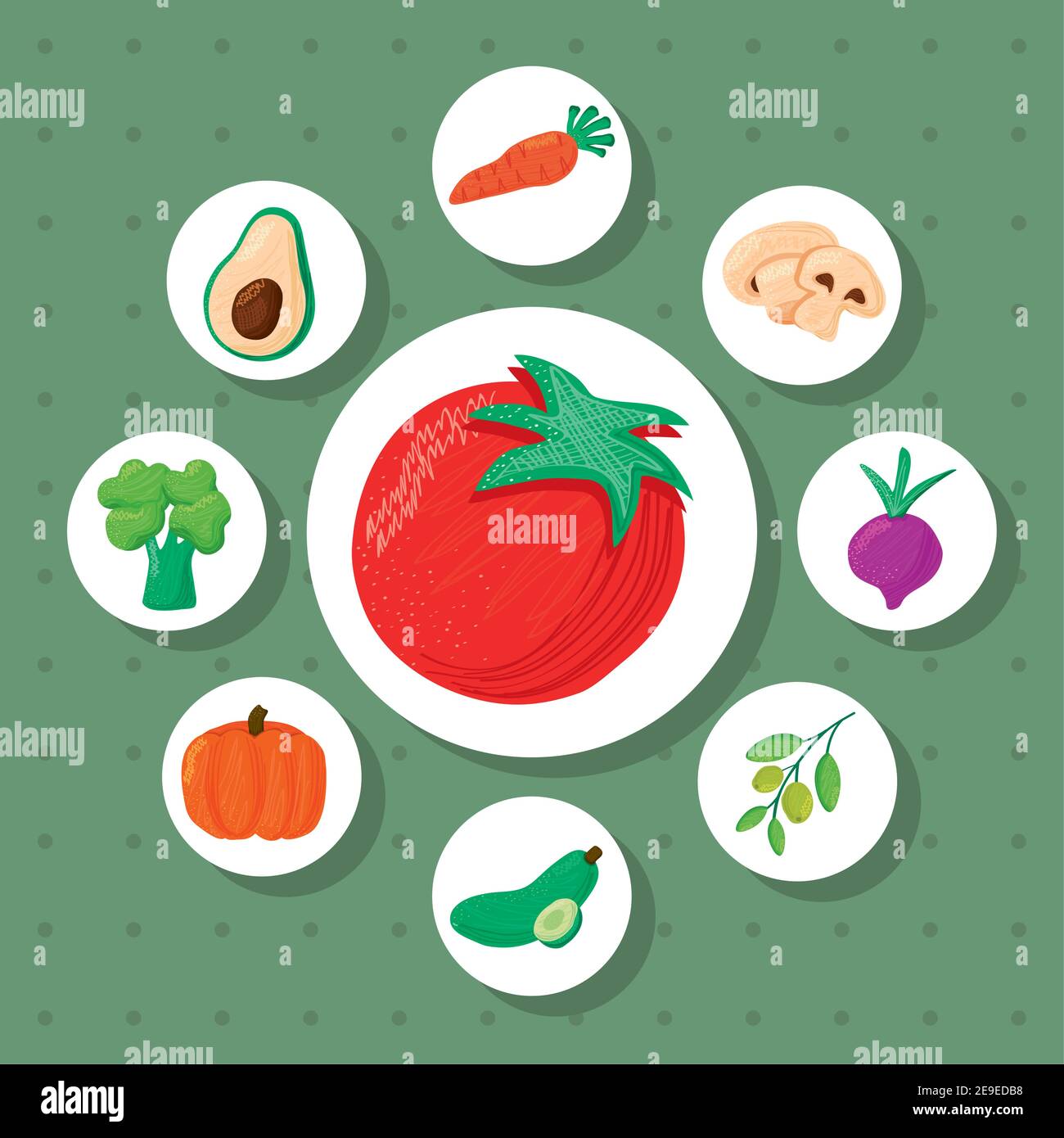 tomato and bundle of eight vegetables healthy food icons vector ...